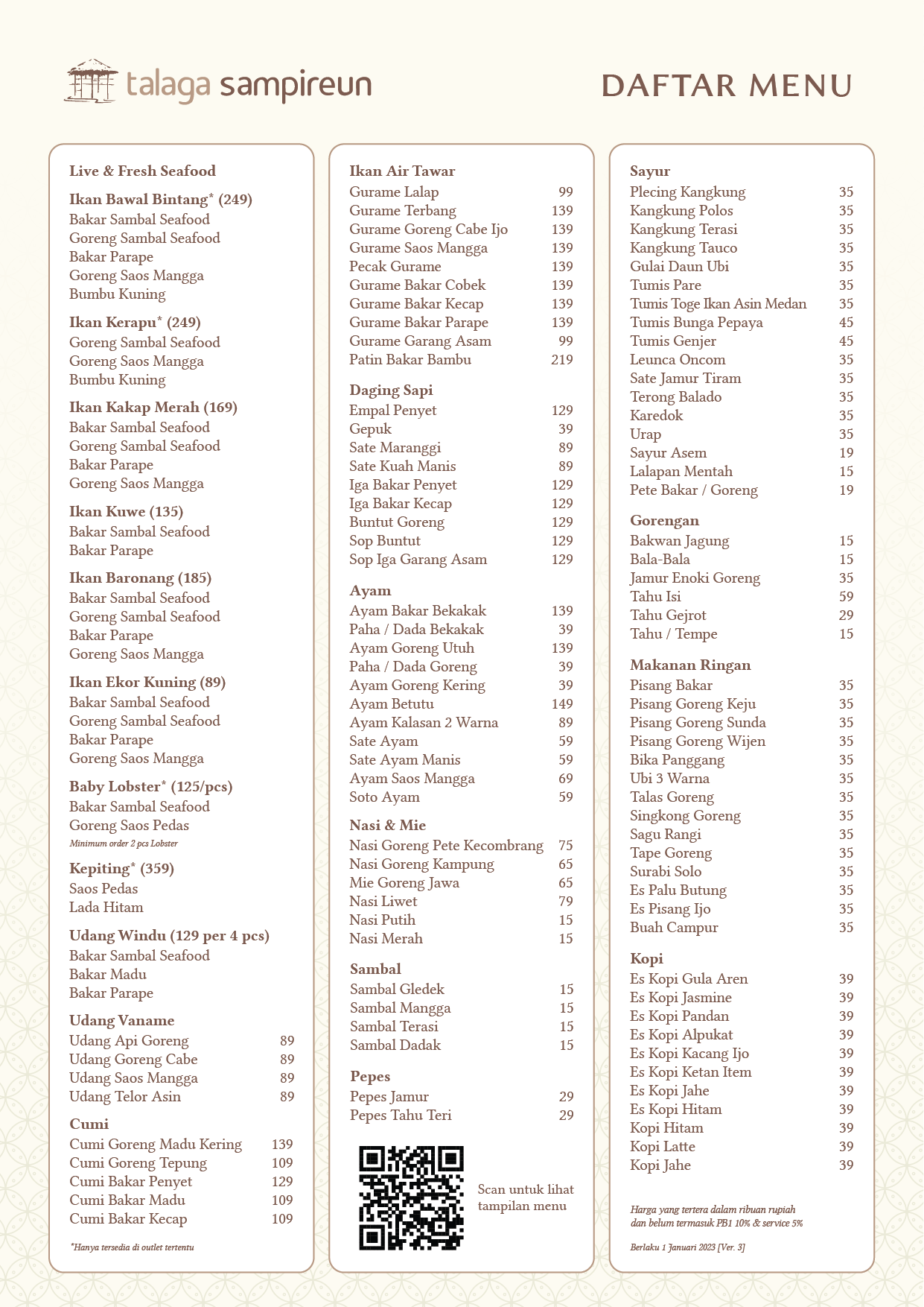 Price List Menu – Talaga Sampireun